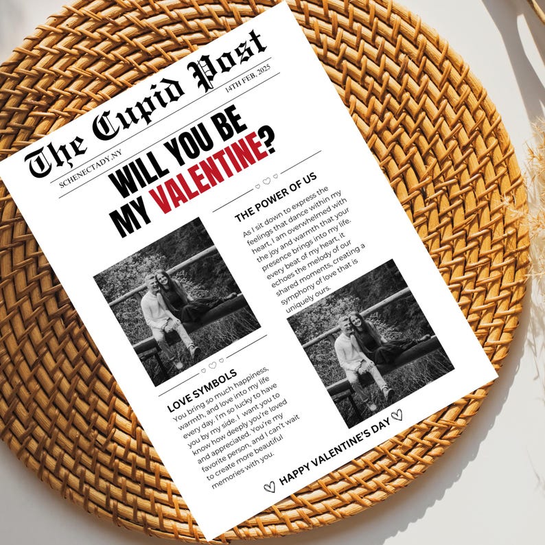 Valentines Cupid Post Newspaper, Editable Will You Be My Valentines ...