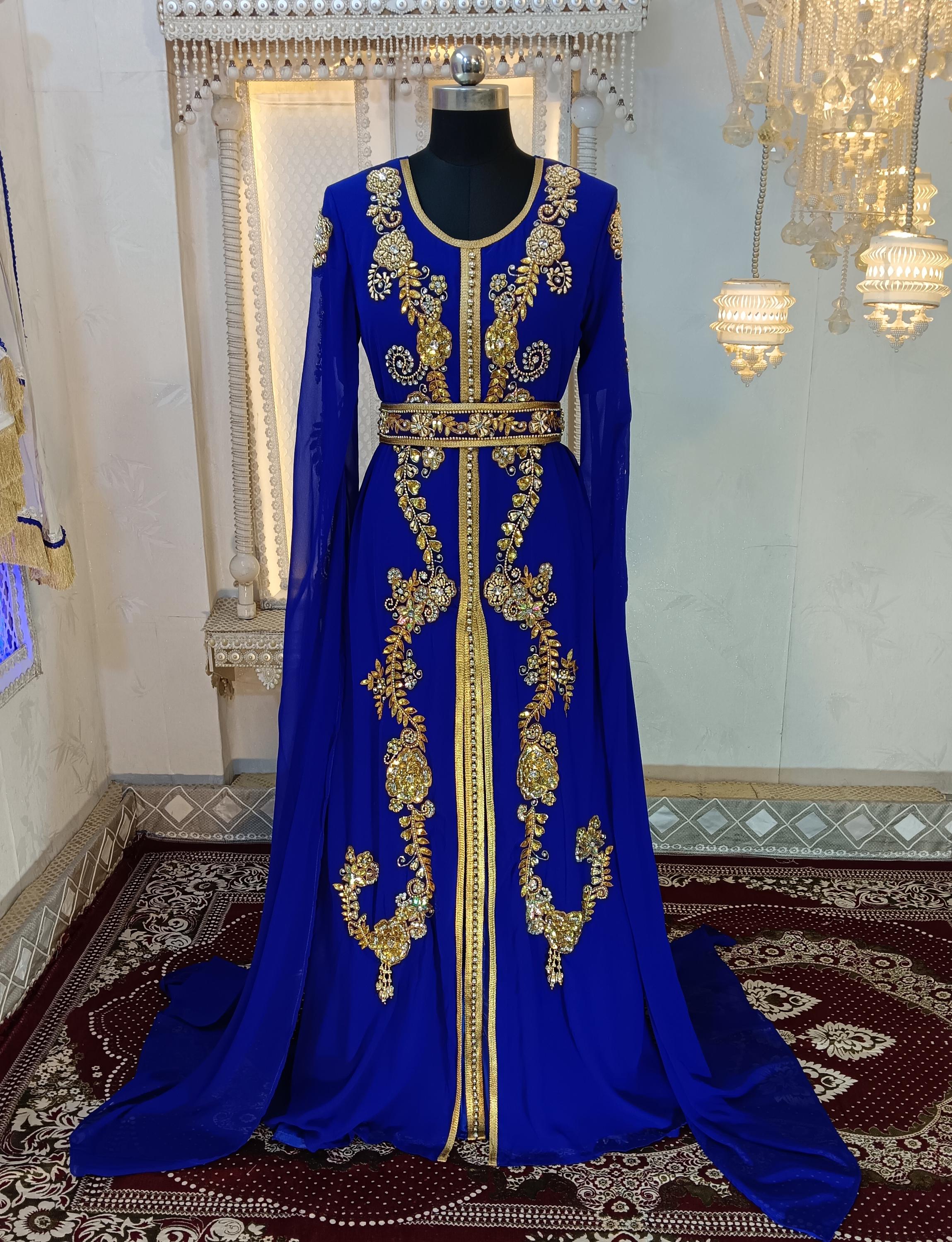 Hand Beaded Royal Blue Moroccan Kaftan: Islamic Wedding Takchita With ...