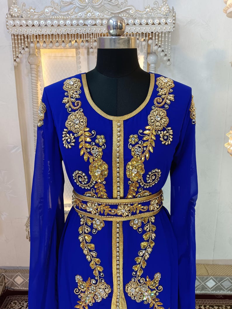 Hand Beaded Royal Blue Moroccan Kaftan: Islamic Wedding Takchita With ...