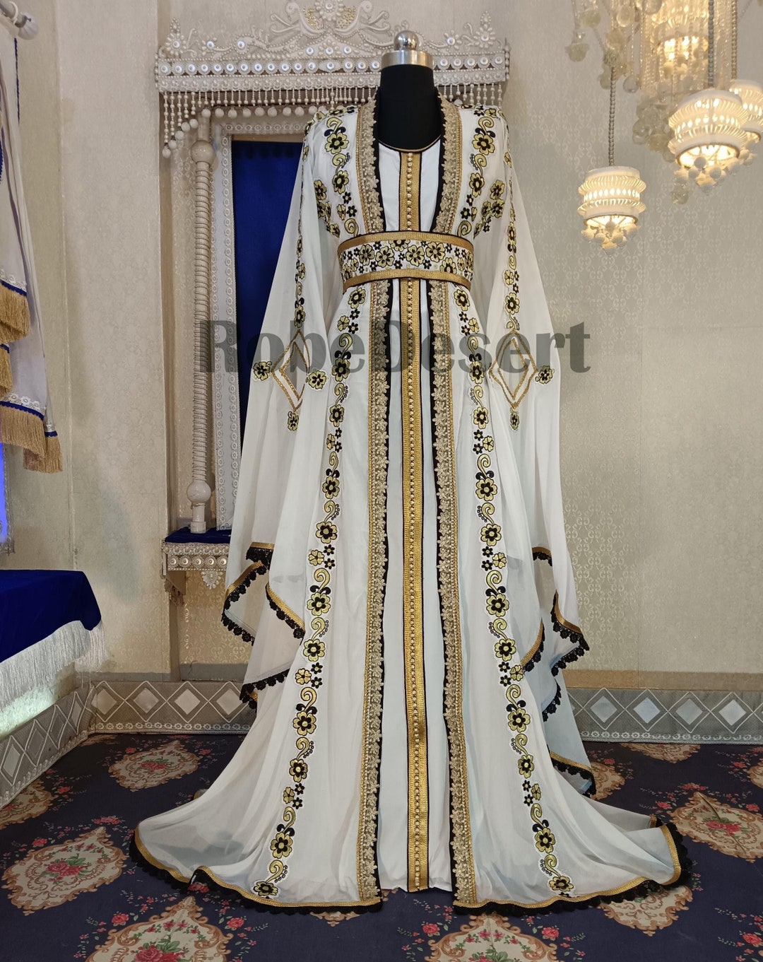 White Islamic Moroccan Kaftan / Arabic Designer Embroidery Caftan ...