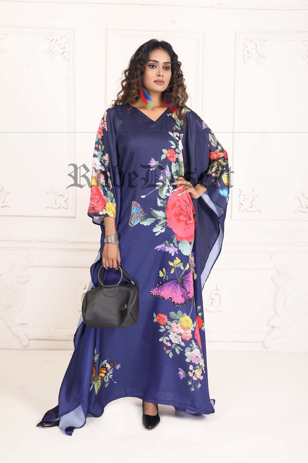 Women Dark Blue Viscose Modal Satin Silk Caftan, Printed Caftan Dress ...
