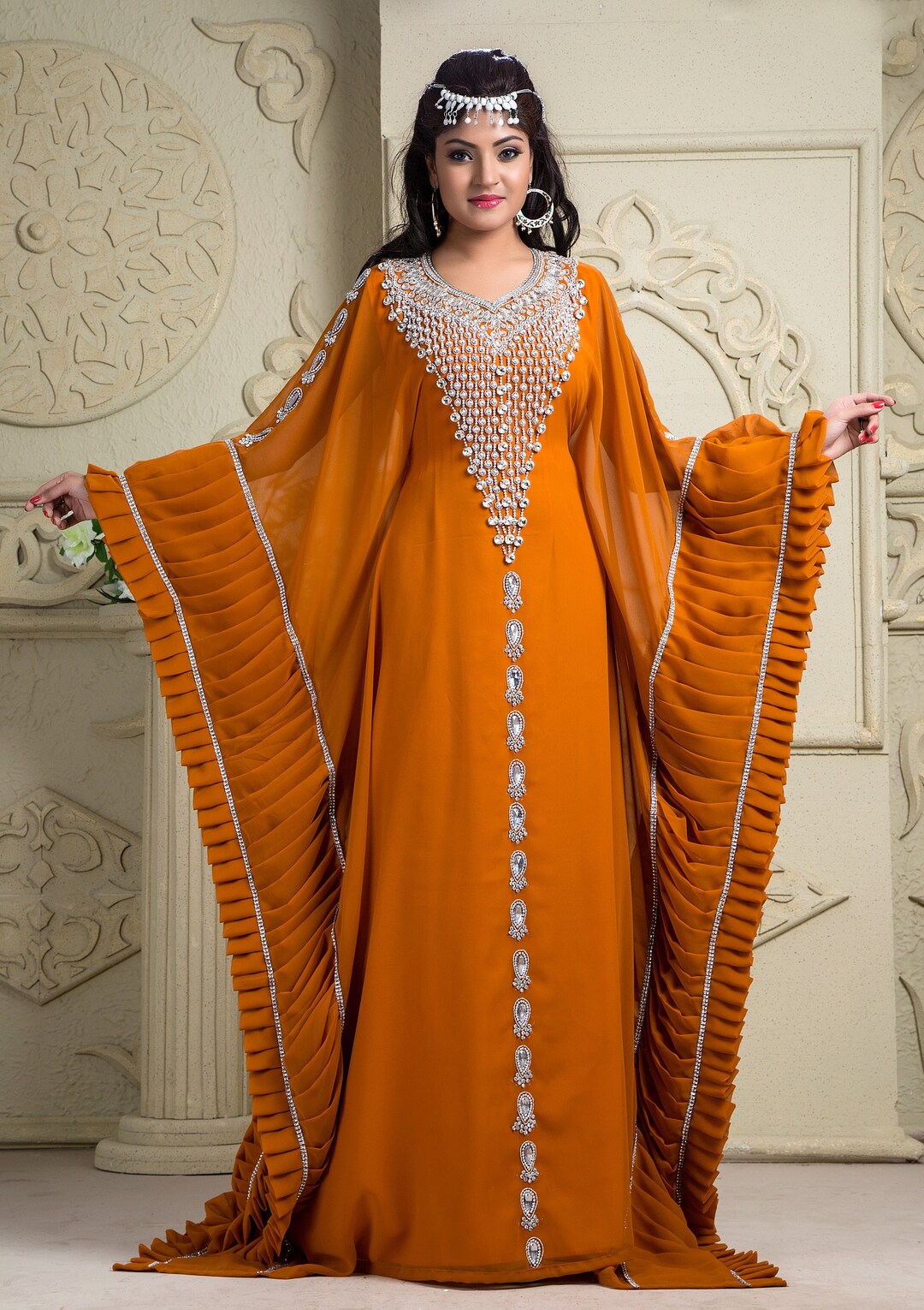 Mustard Arabic Designer Moroccan Kaftan / Islamic Takchita Maxi Hand ...