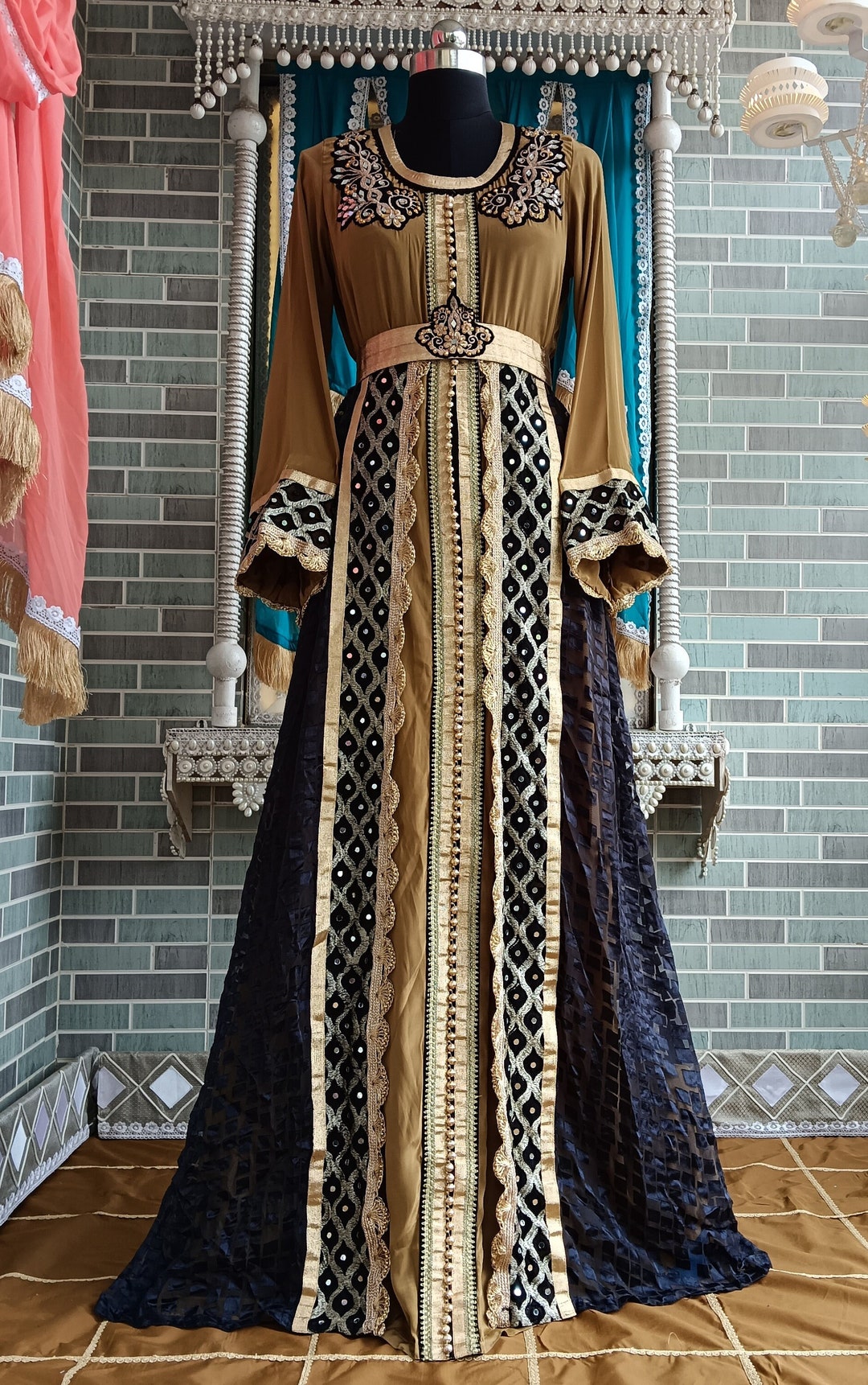 Dull Gold and Dark Grey Color Designer Embroidery Moroccan Kaftan ...