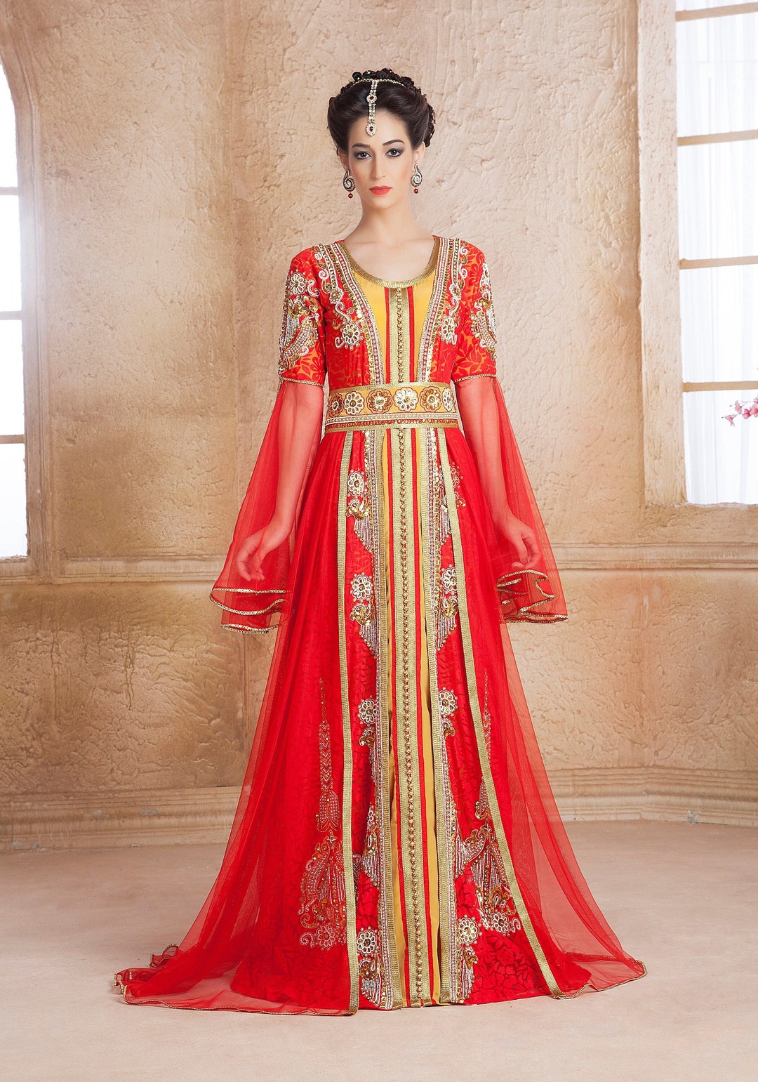 Red and Golden Yellow Arabic Designer Gleaming Party Wear Moroccan ...