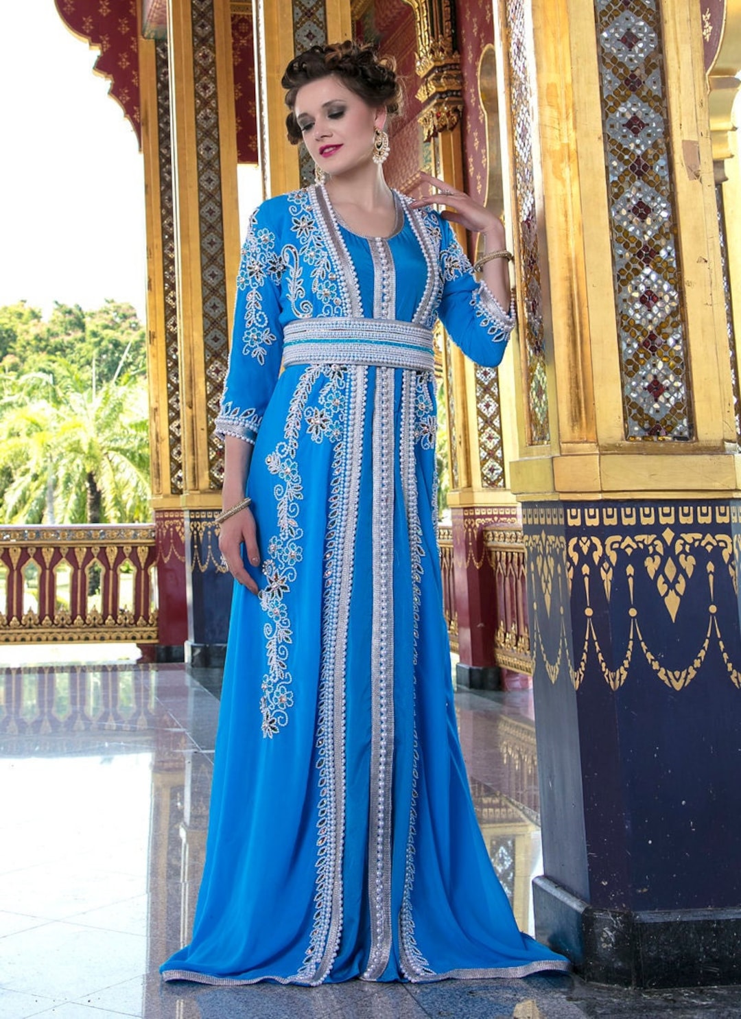 Blue Firoji Color Long Maxi Beaded Dubai Moroccan Kaftan for Women ...