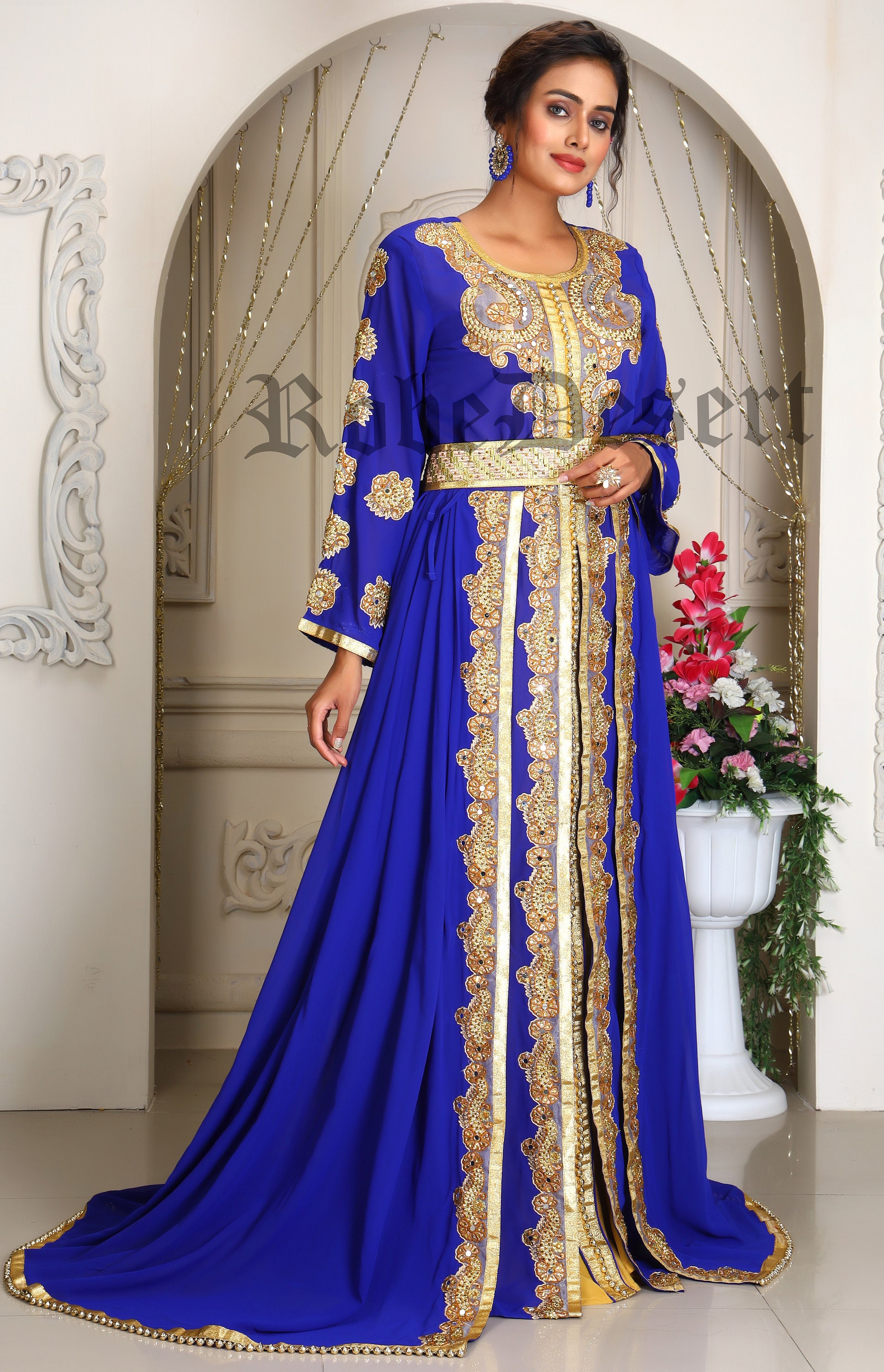 Royal Blue Moroccan Kaftan: Embroidered Takchita Dress With Hijab - Etsy
