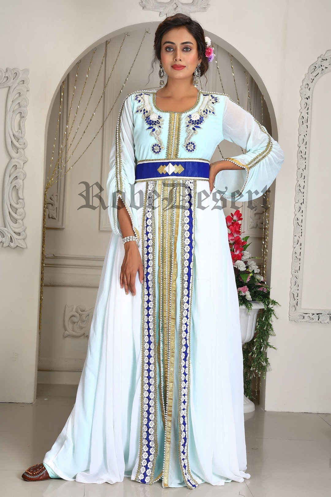 Mint Green Designer Israeli Royal Embroidered Stylish Farasha Takchita ...
