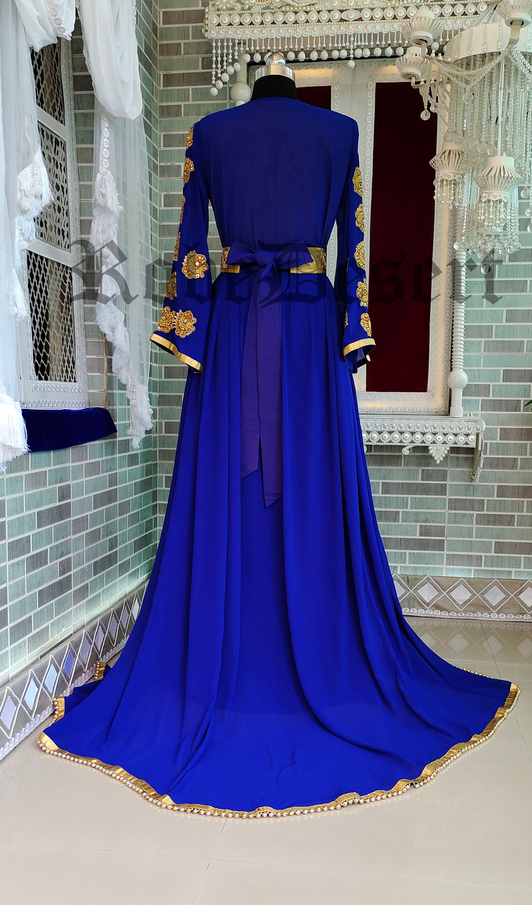 Royal Blue Moroccan Kaftan: Embroidered Takchita Dress With Hijab - Etsy