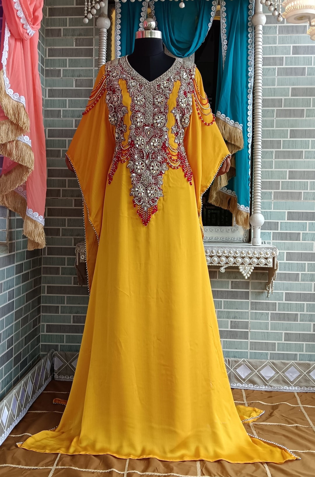 Golden Yellow Arabic Designer Long Kaftan, Dubai Moroccan Kaftan ...