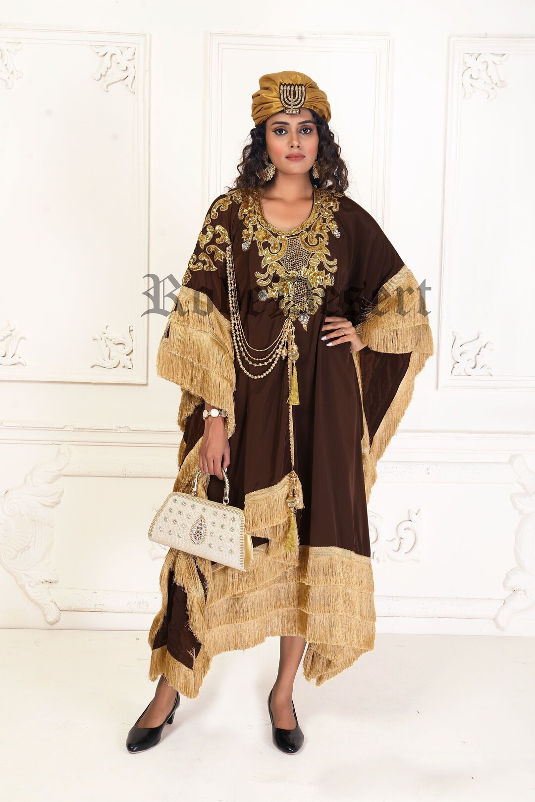 SALE!! Brown and Gold Embroidery Israeli Dress/ Islamic Design Kaftan ...