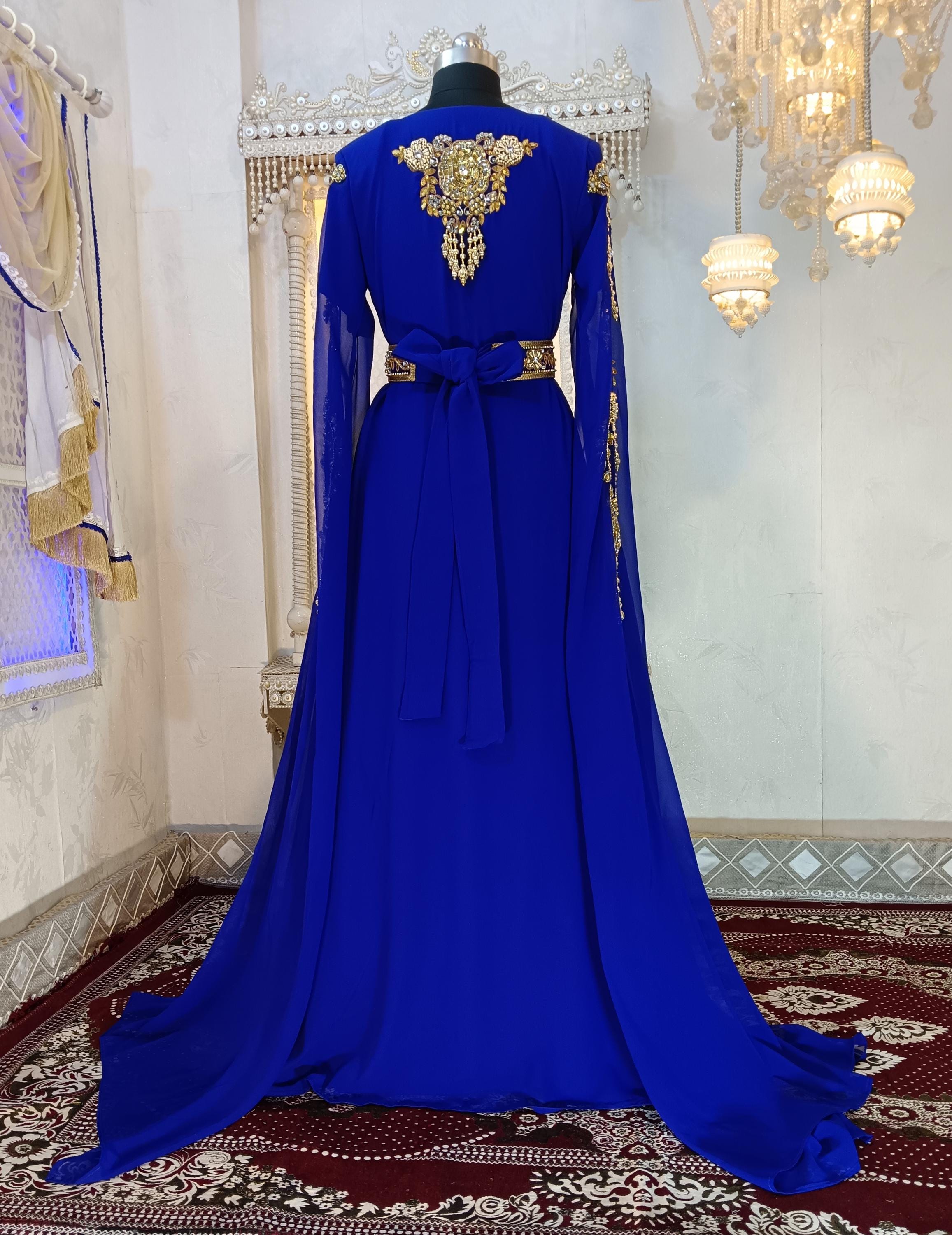Hand Beaded Royal Blue Moroccan Kaftan: Islamic Wedding Takchita With ...