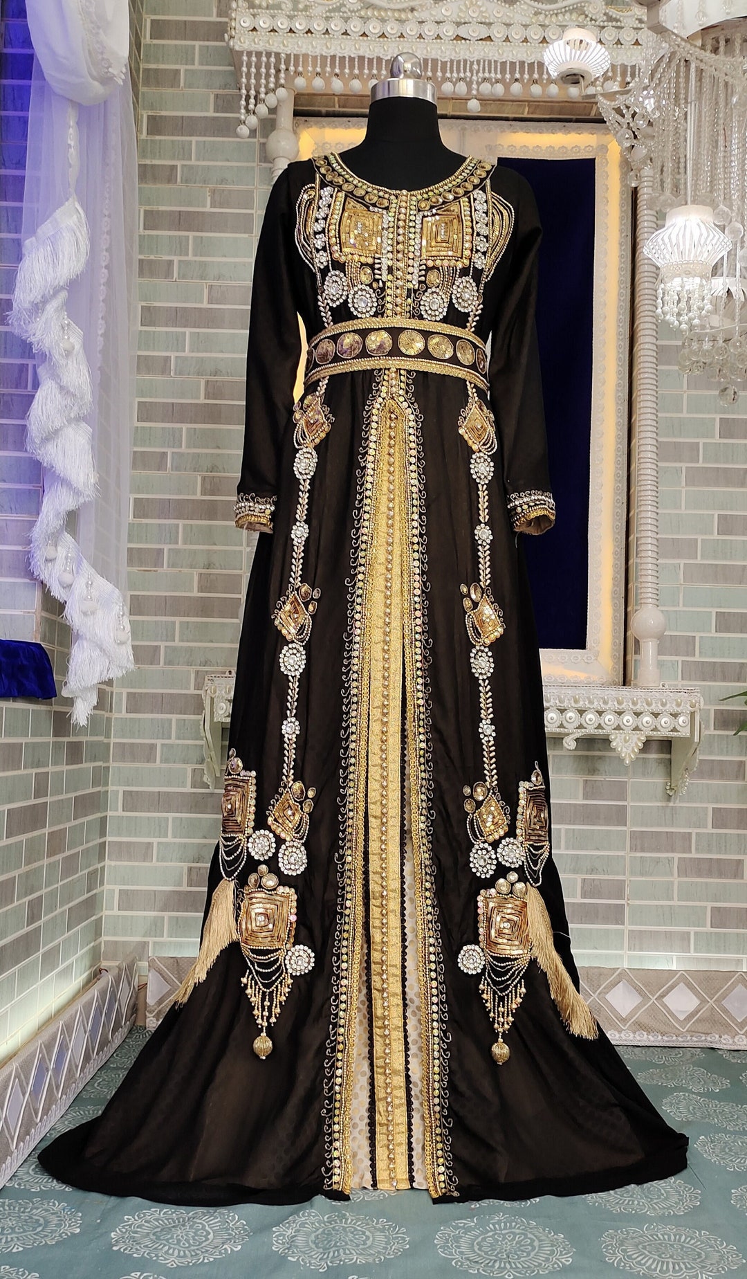 Black and Beige Islamic Wedding Designer Arabic Maxi Hand Beaded Dubai ...