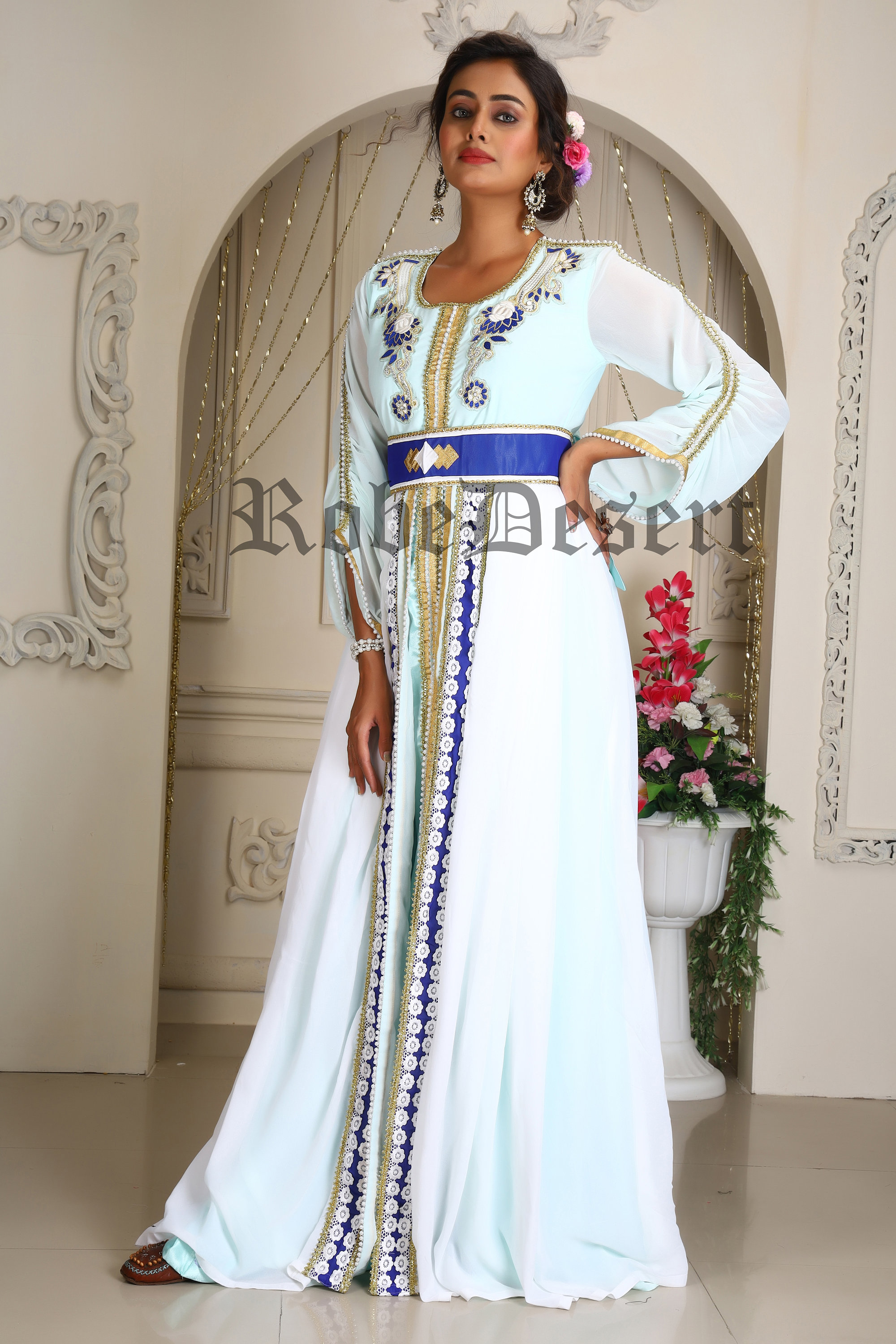 Mint Green Designer Israeli Royal Embroidered Stylish Farasha Takchita ...
