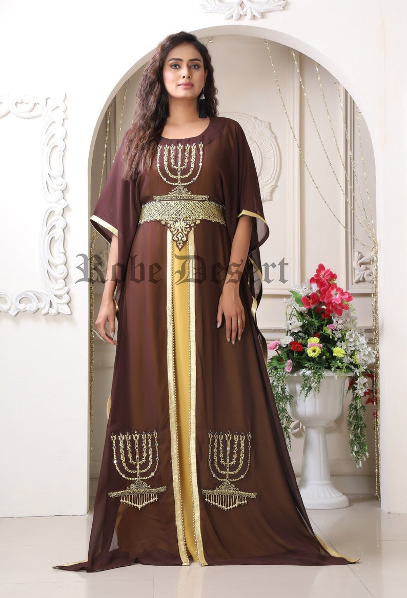 Brown & Gold Embroidered Kaftan Dress: Israeli Design Maxi Gown - Etsy