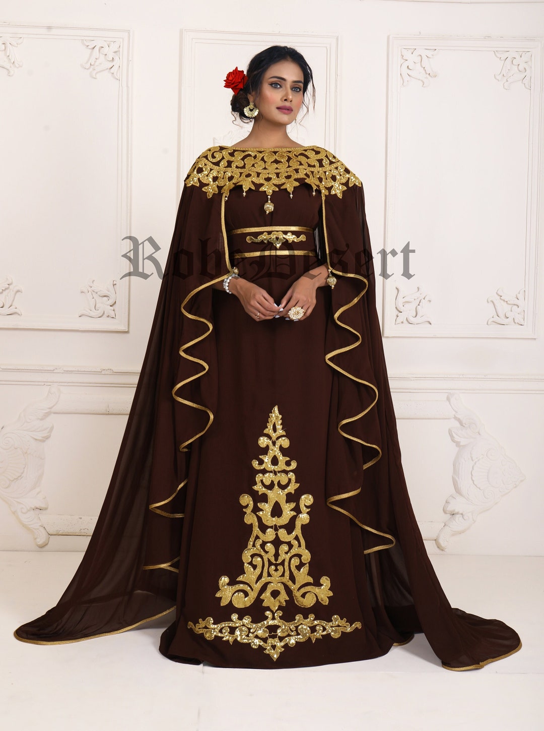 SALE!! Brown and Gold Embroidery Israeli Dress/ Islamic Design Kaftan ...
