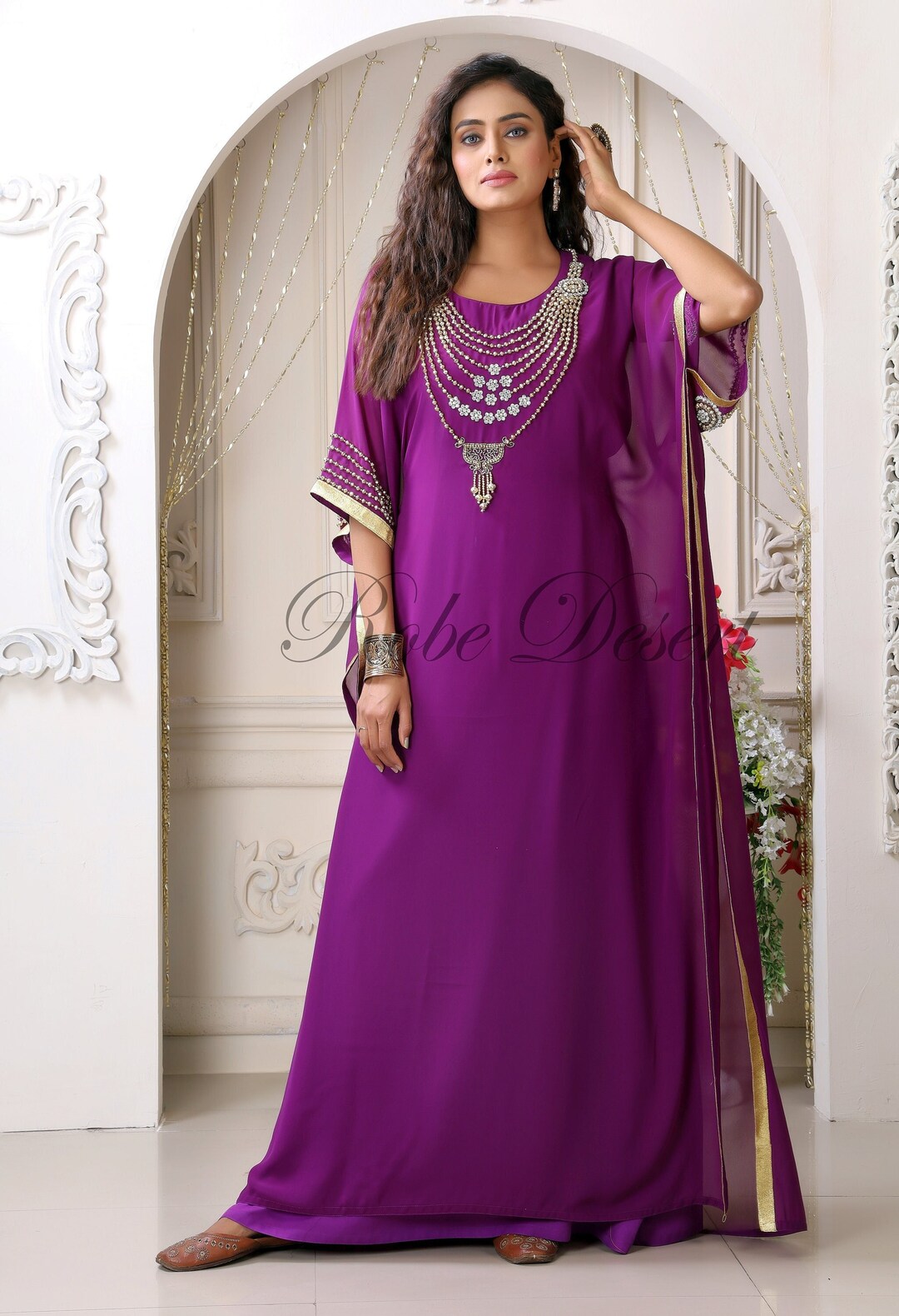 Purple Annd Gold Israeli Floor Length Designer Islamic Hand Beaded ...