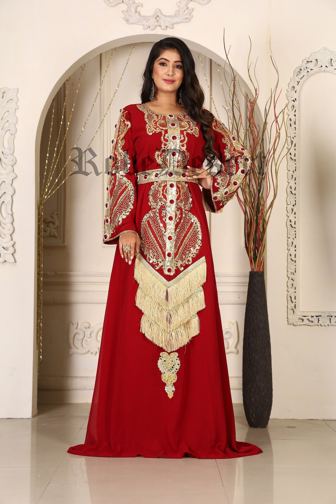 Maroon Maxi Designer Moroccan Kaftan / Arabic Wedding Stylish Dress ...