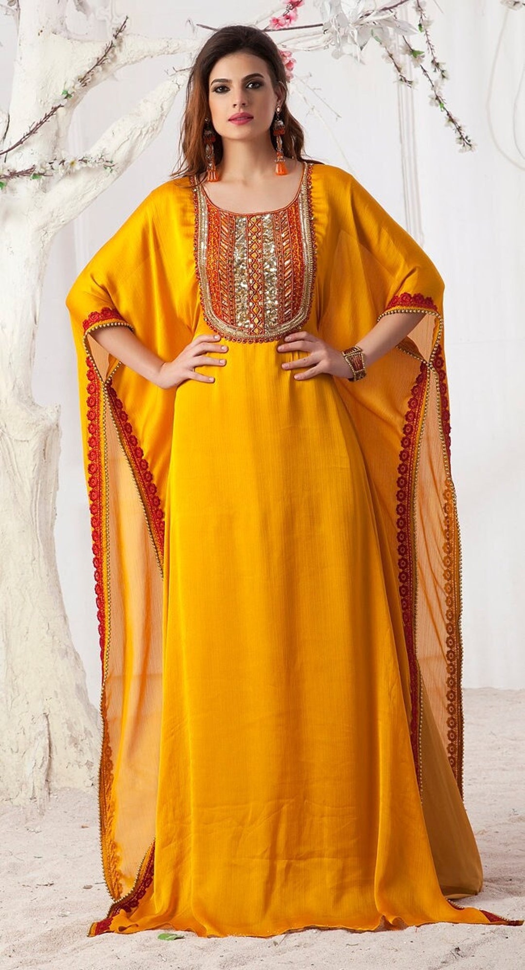 Yellow Designer Islamic Arabian Plus Size Abaya Party Fancy African ...