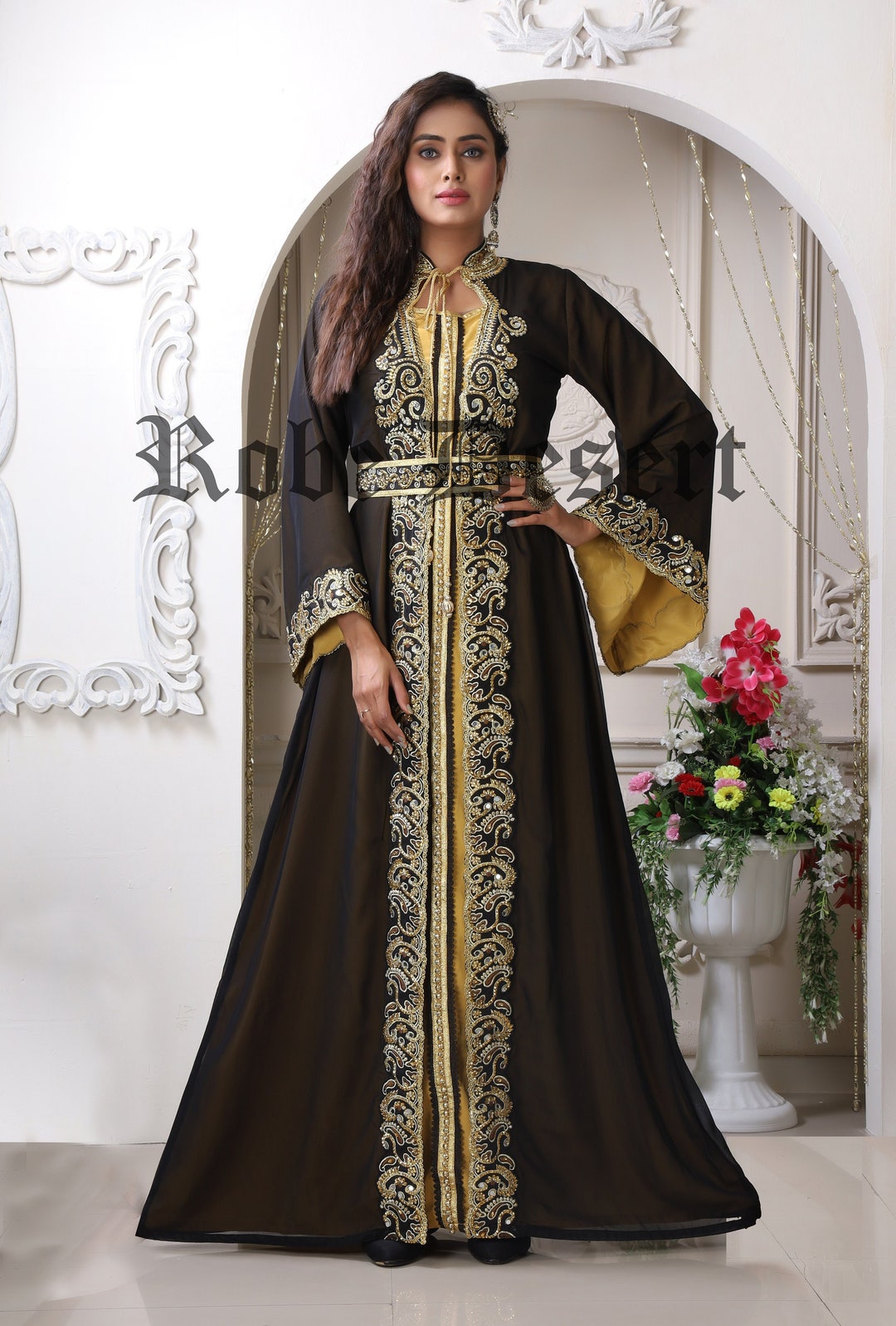 Black and Gold Color Designer Embroidery Moroccan Dress Islamic ...
