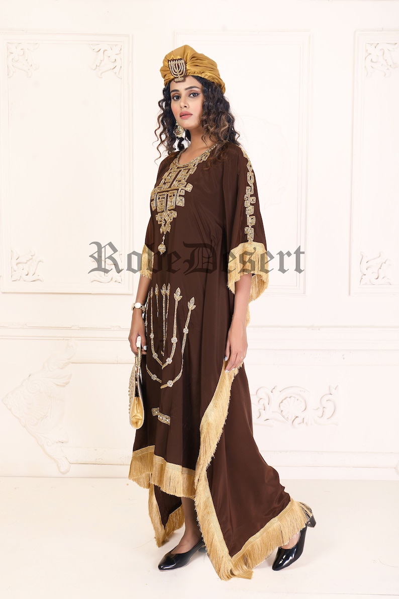 Brown and Gold Israeli Caftan / Israeli Menorah Design Kaftan / Islamic ...