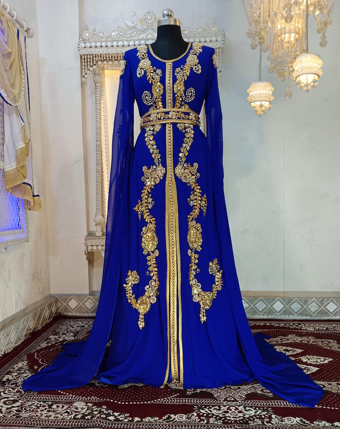 Hand Beaded Royal Blue Moroccan Kaftan: Islamic Wedding Takchita With ...