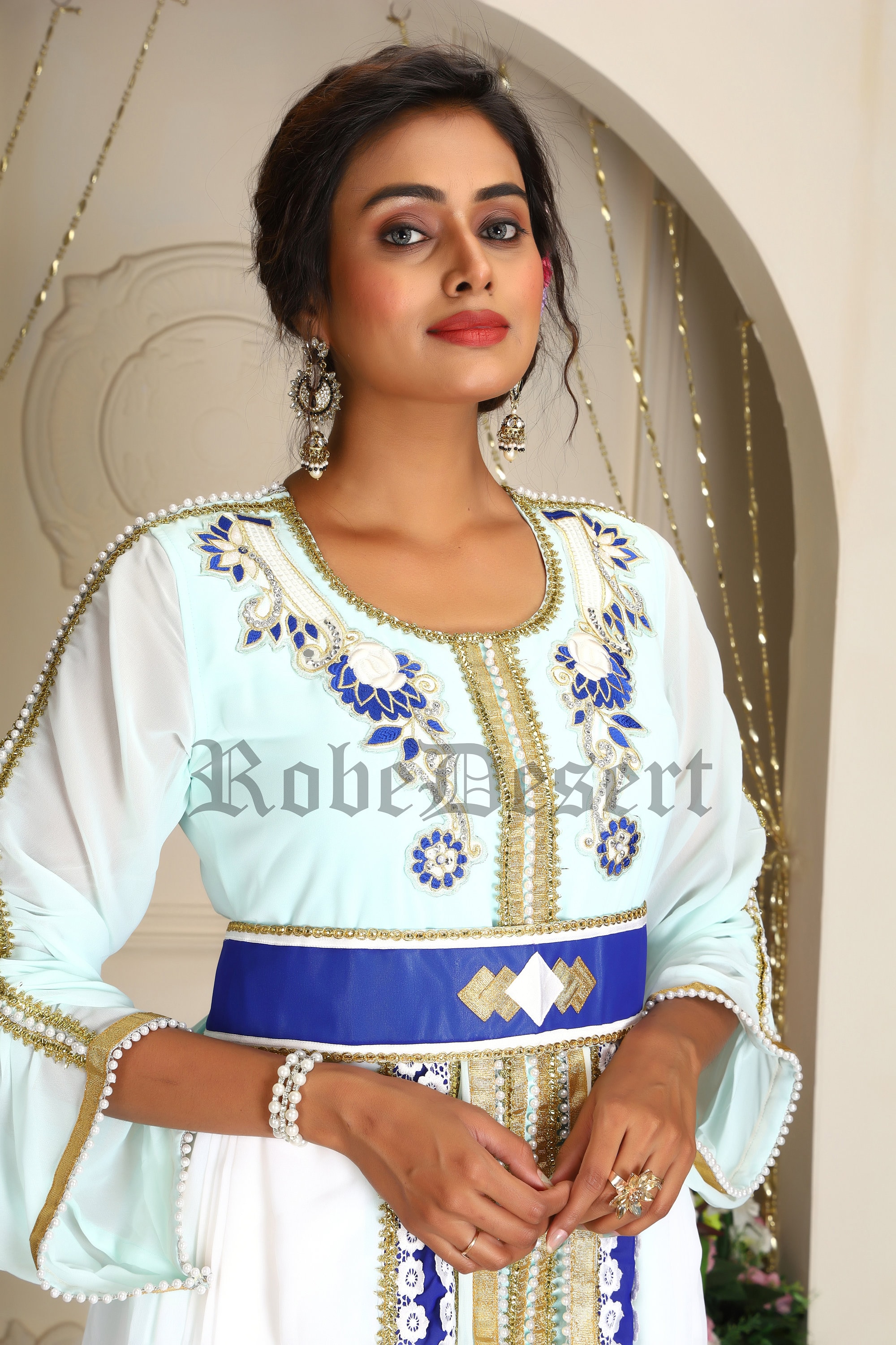 Mint Green Designer Israeli Royal Embroidered Stylish Farasha Takchita ...