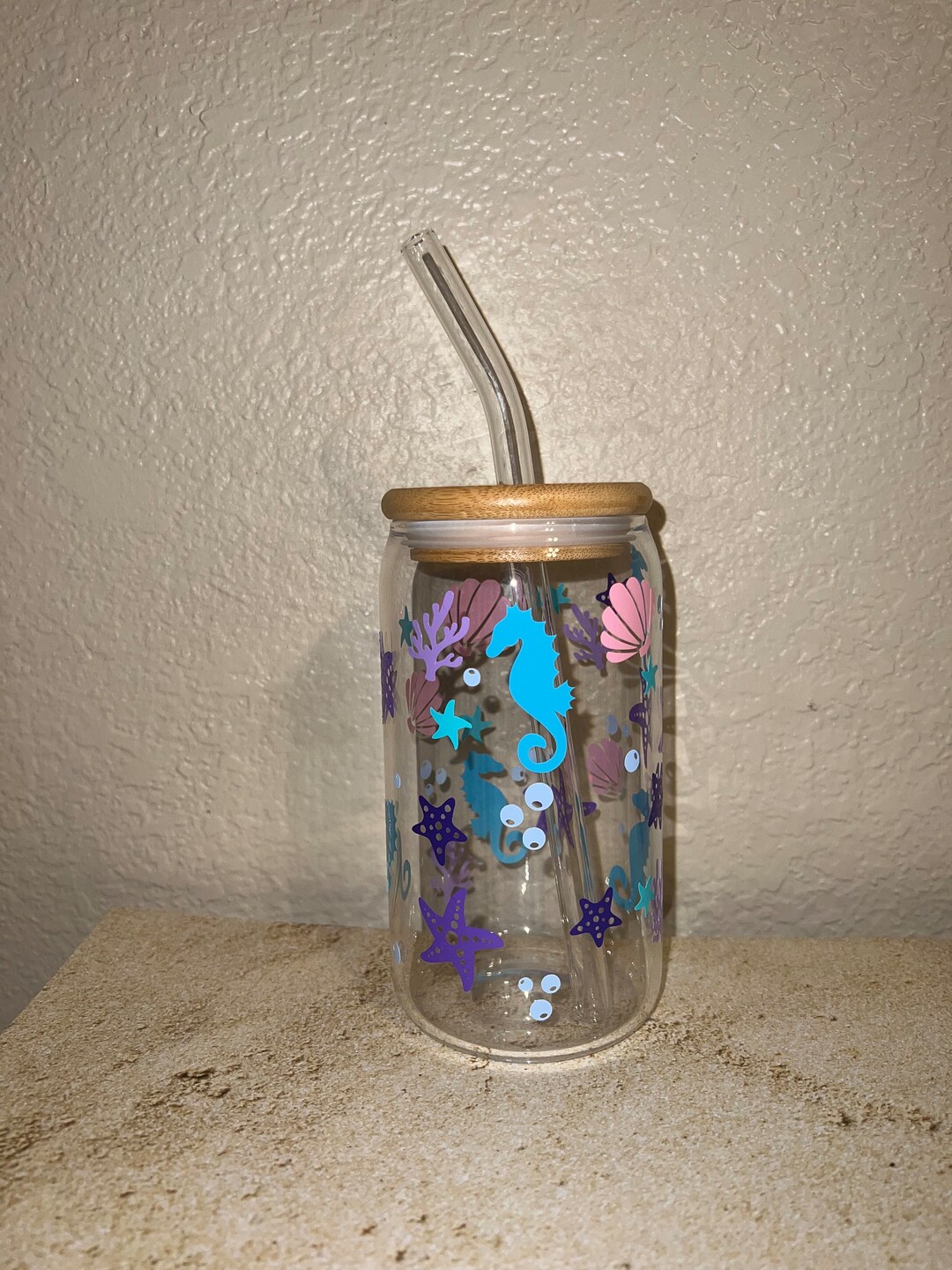 Ocean Themed Glass Cup Personalized With Lid And Straw Etsy
