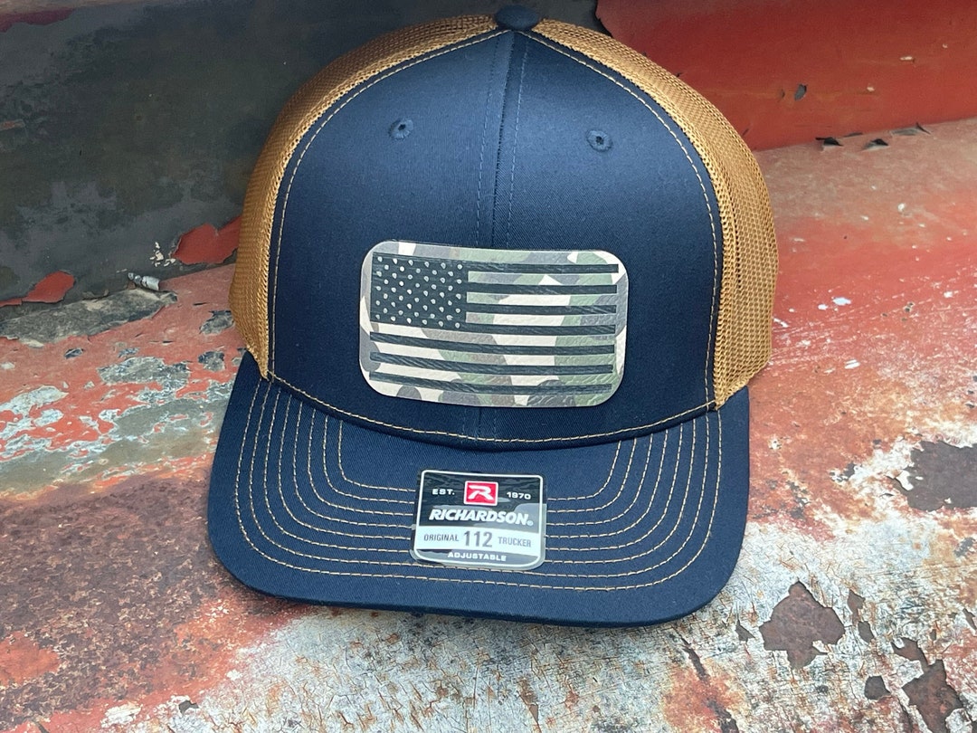 American Flag Richardson 112 Trucker Hat, Laser Engraved Leatherette Patch, Snapback Hat - Etsy
