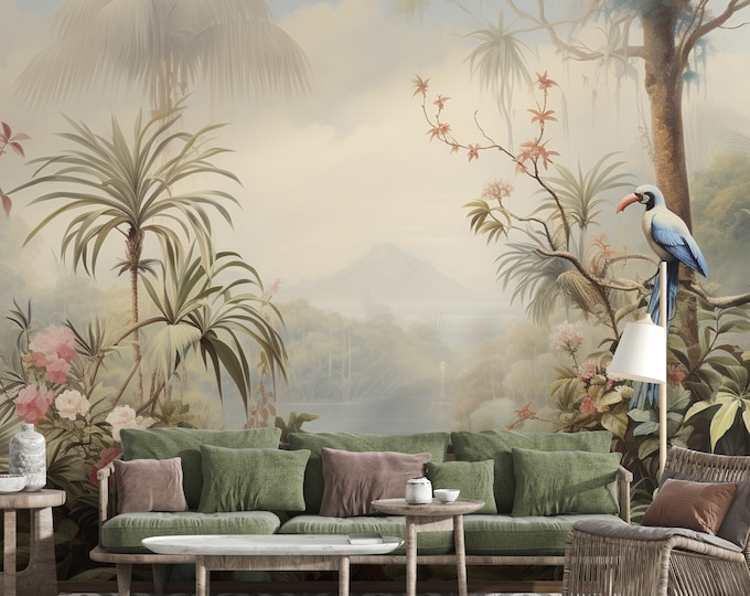 Vintage Landscape Wallpaper, Mountain and River Rural Painting Wall ...