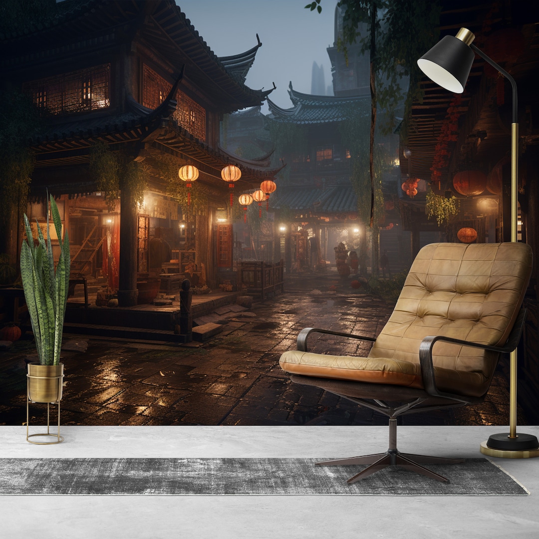 Chinese Lanterns Wallpaper, Dark Street View With Traditional Wall Art ...