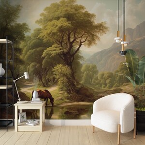 Vintage Landscape Wallpaper, Mountain and River Rural Painting Wall ...
