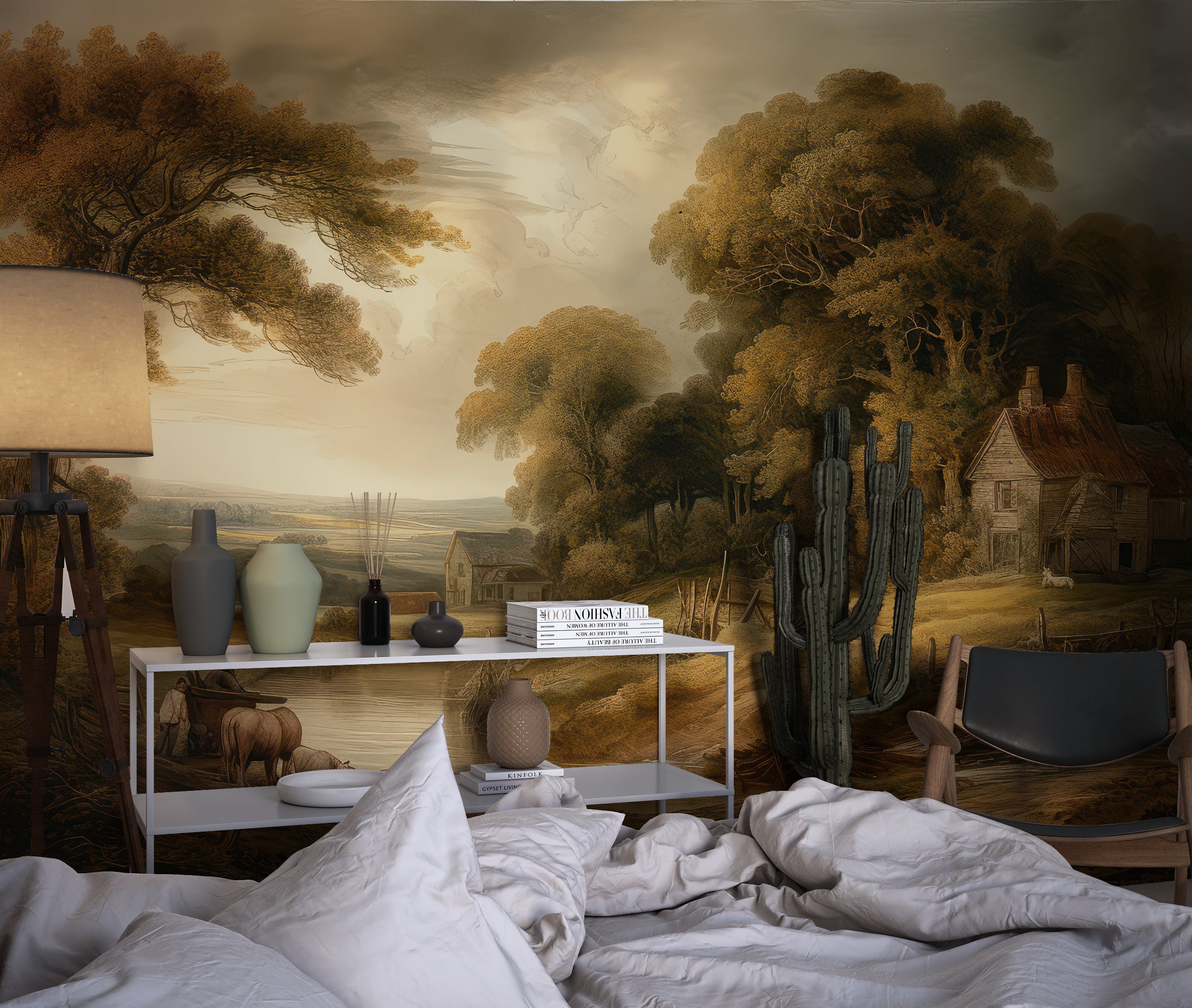 Vintage Rural Painting Wall Mural, Nature Watercolor Landscape ...