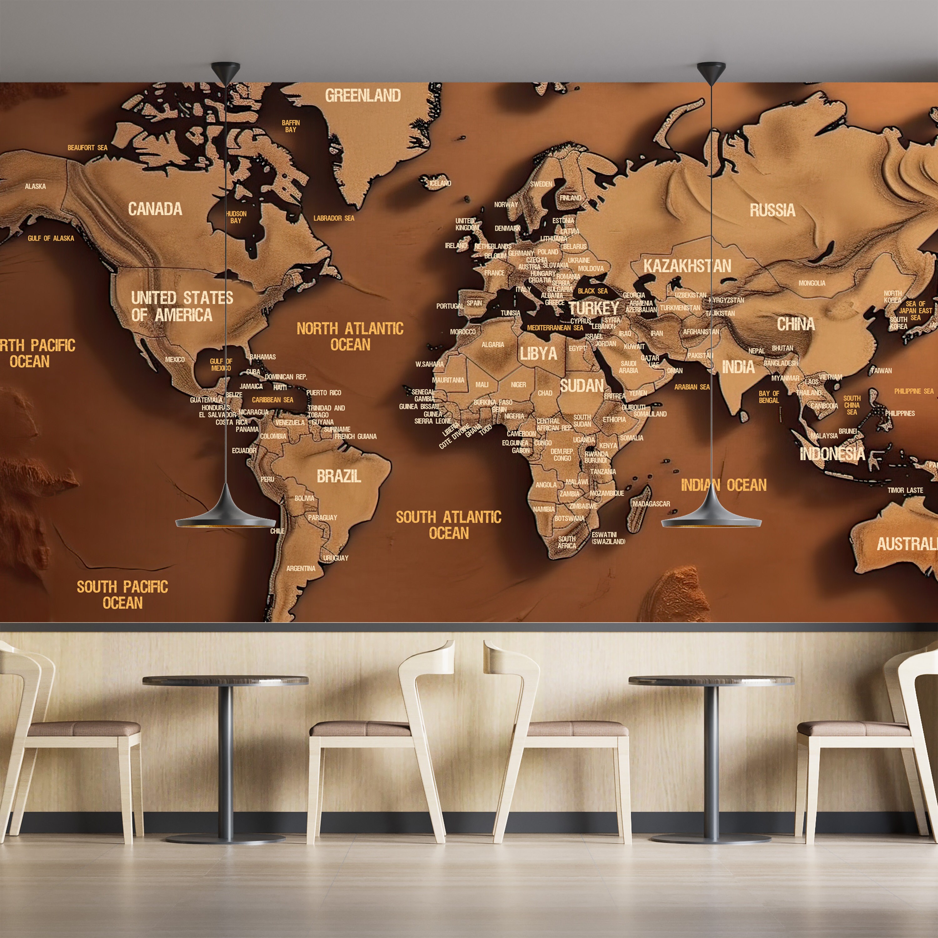 3D Brown World Map Wallpaper Countries Oceans and Seas - Etsy