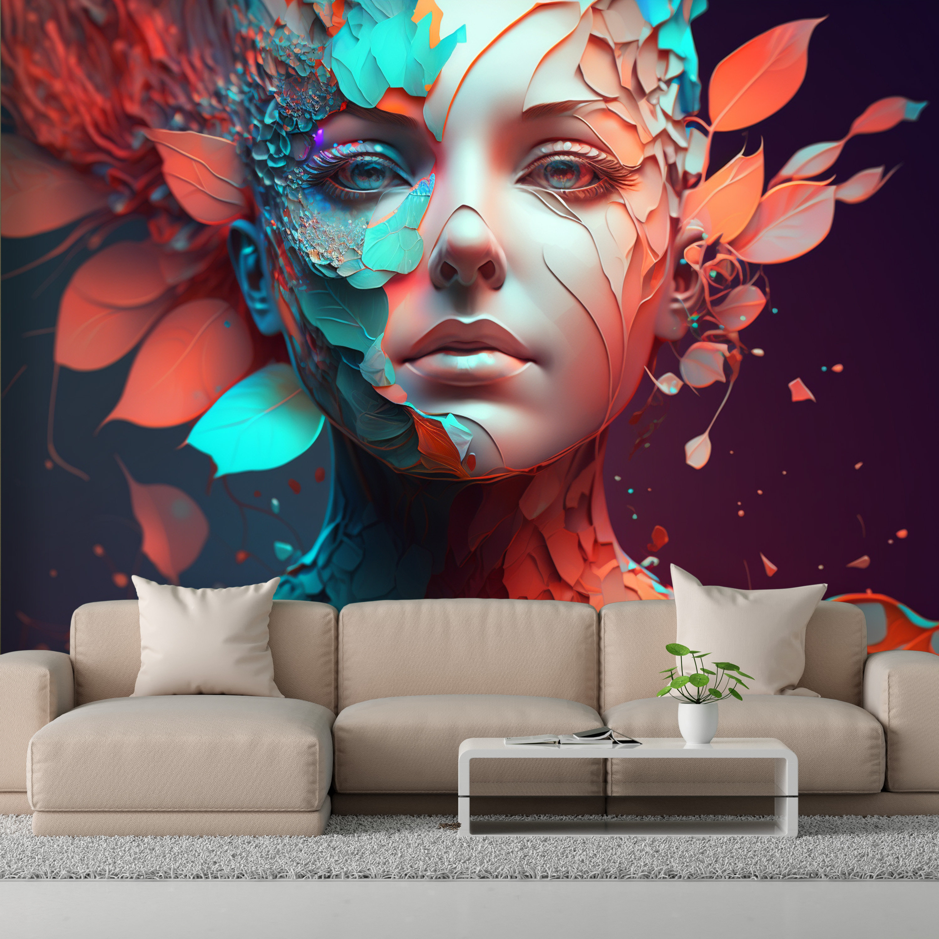 Woman Portrait 3D Wallpaper Mural Colorful Leafs for Hair - Etsy