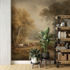 Rustic Rural Painting Wall Mural, Nature Watercolor Landscape Wallpaper ...