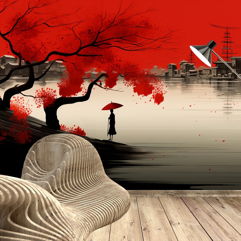 Antique Chinese Landscape Wallpaper Red Trees Woman and - Etsy