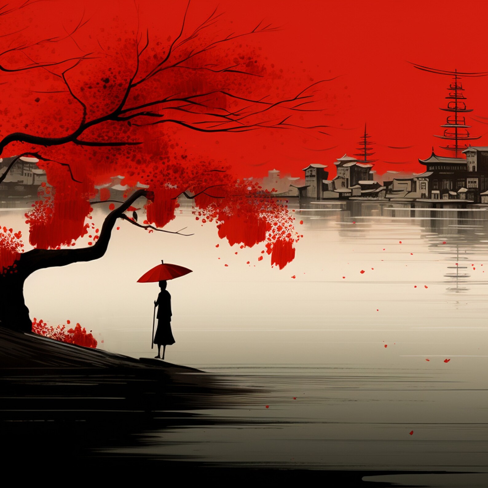 Antique Chinese Landscape Wallpaper Red Trees, Woman and Houses Peel ...