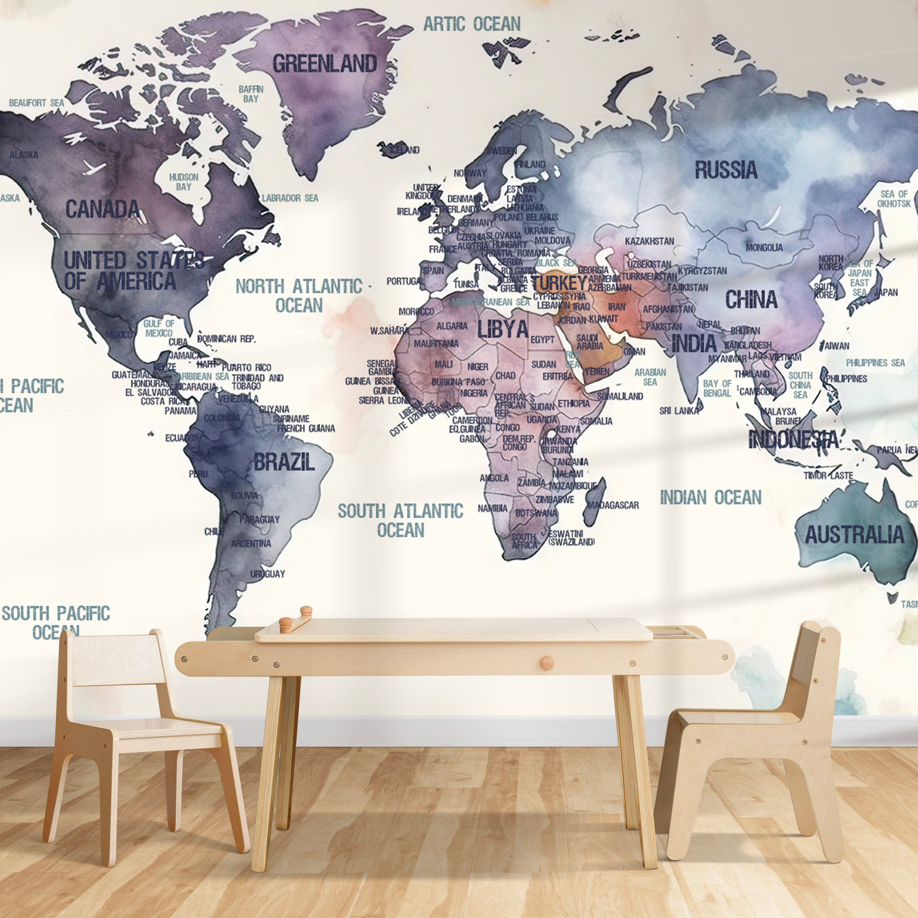 Watercolor World Map Wallpaper for Home & Office Wall - Etsy