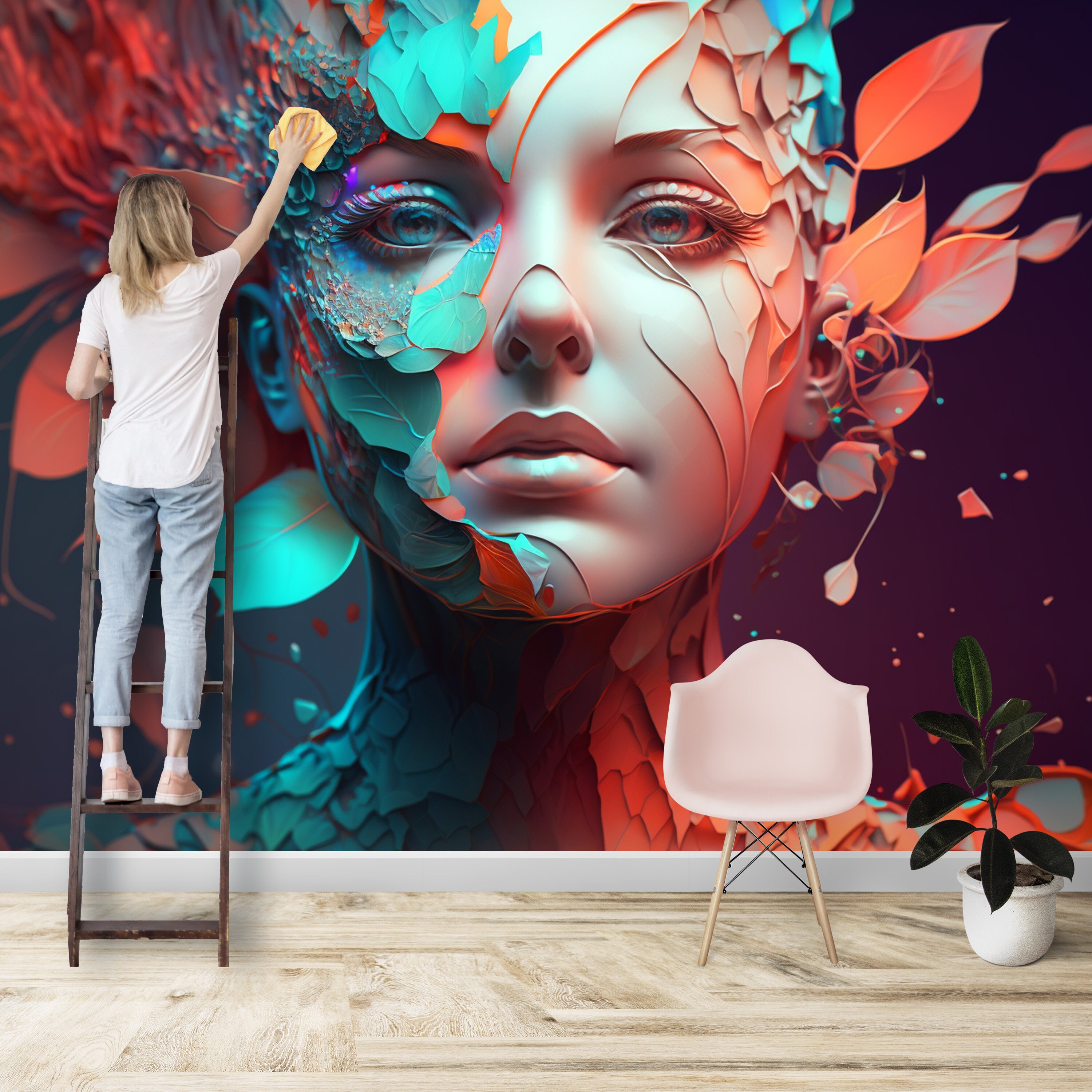 Woman Portrait 3D Wallpaper Mural Colorful Leafs for Hair - Etsy