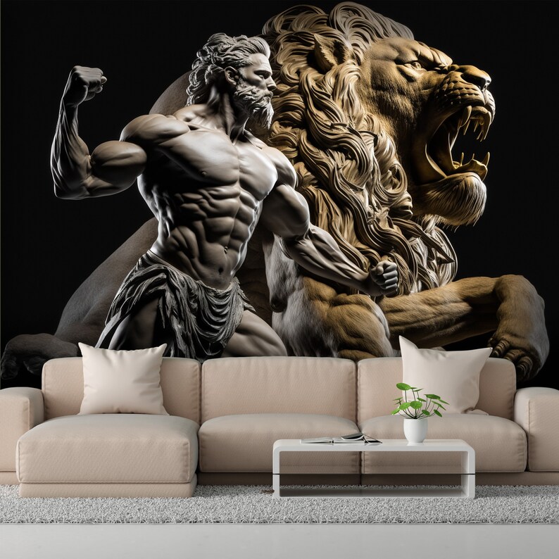 Hercules and the Lion Statue Wallpaper for House and Office Wall, Roman ...