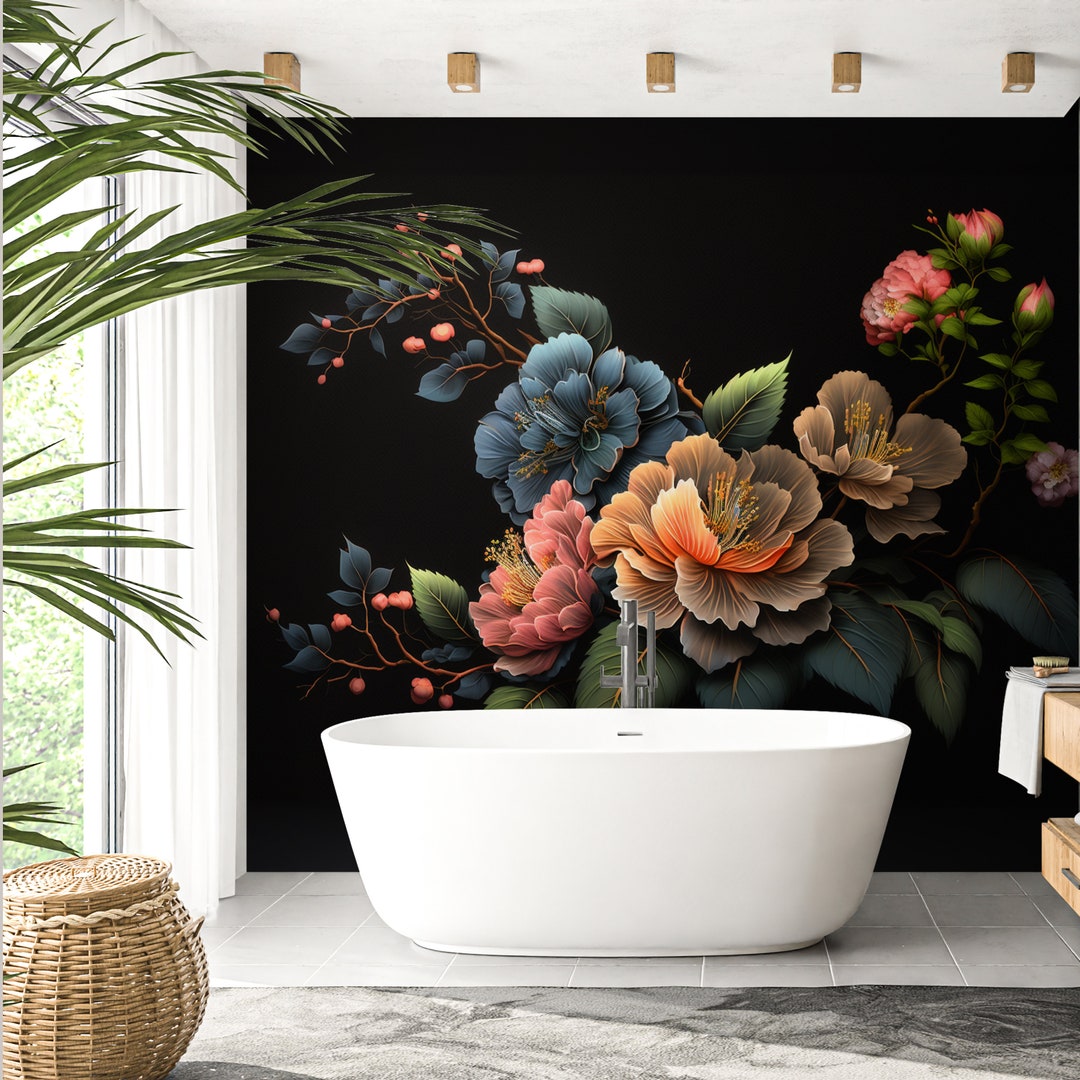 Dark Japanese Flower Boho Wallpaper for Living Room, Bedroom, Natural ...