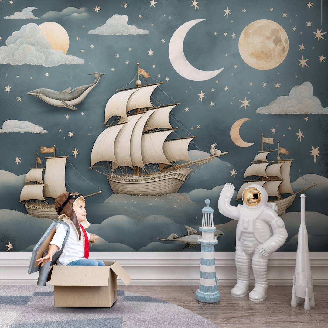 Nursery & Kids Wallpaper | Ships in the Ocean, Stars, Sun and Cute ...