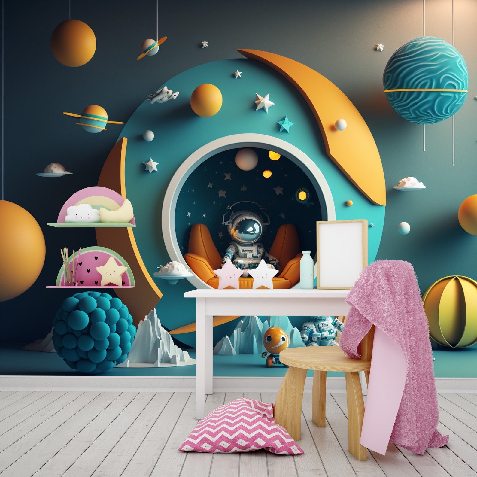 Planet and Astronaut Wallpaper for Kids and Nursery Room, 3D Space ...