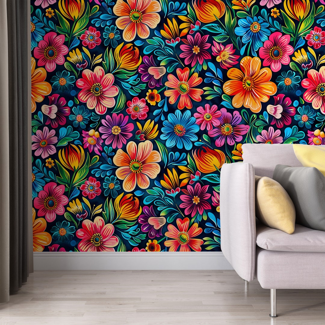 Mexican Folk Art Pattern Wallpaper, Vintage Colorful Abstract Flowers ...