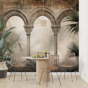 Roman Column Mural Wallpaper, Exotic Plants Wall Art Living Room and ...