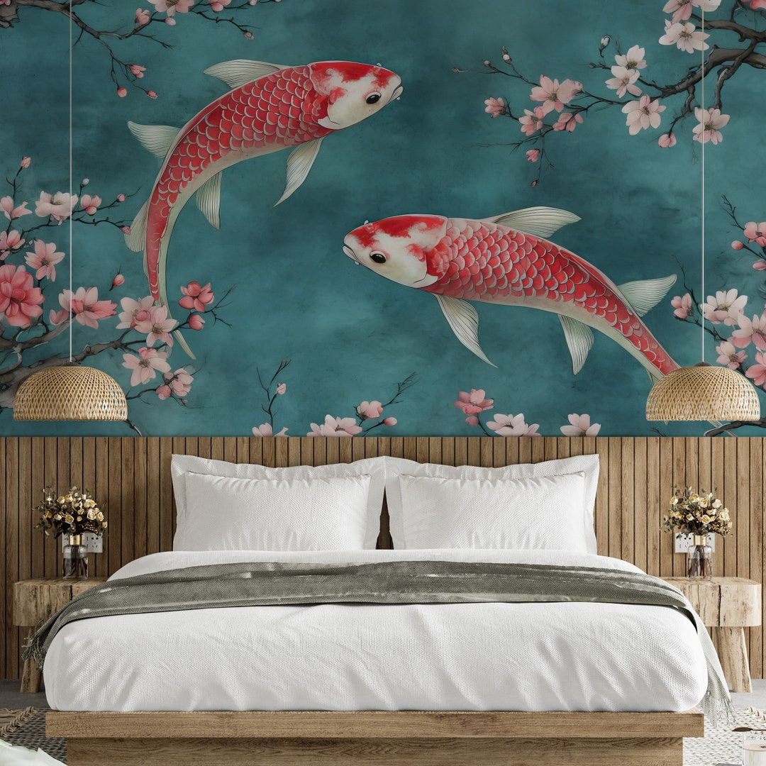 Koi Fish Wallpaper, Chinese Style Koi Fish Mural Art, Asian Wallpaper ...