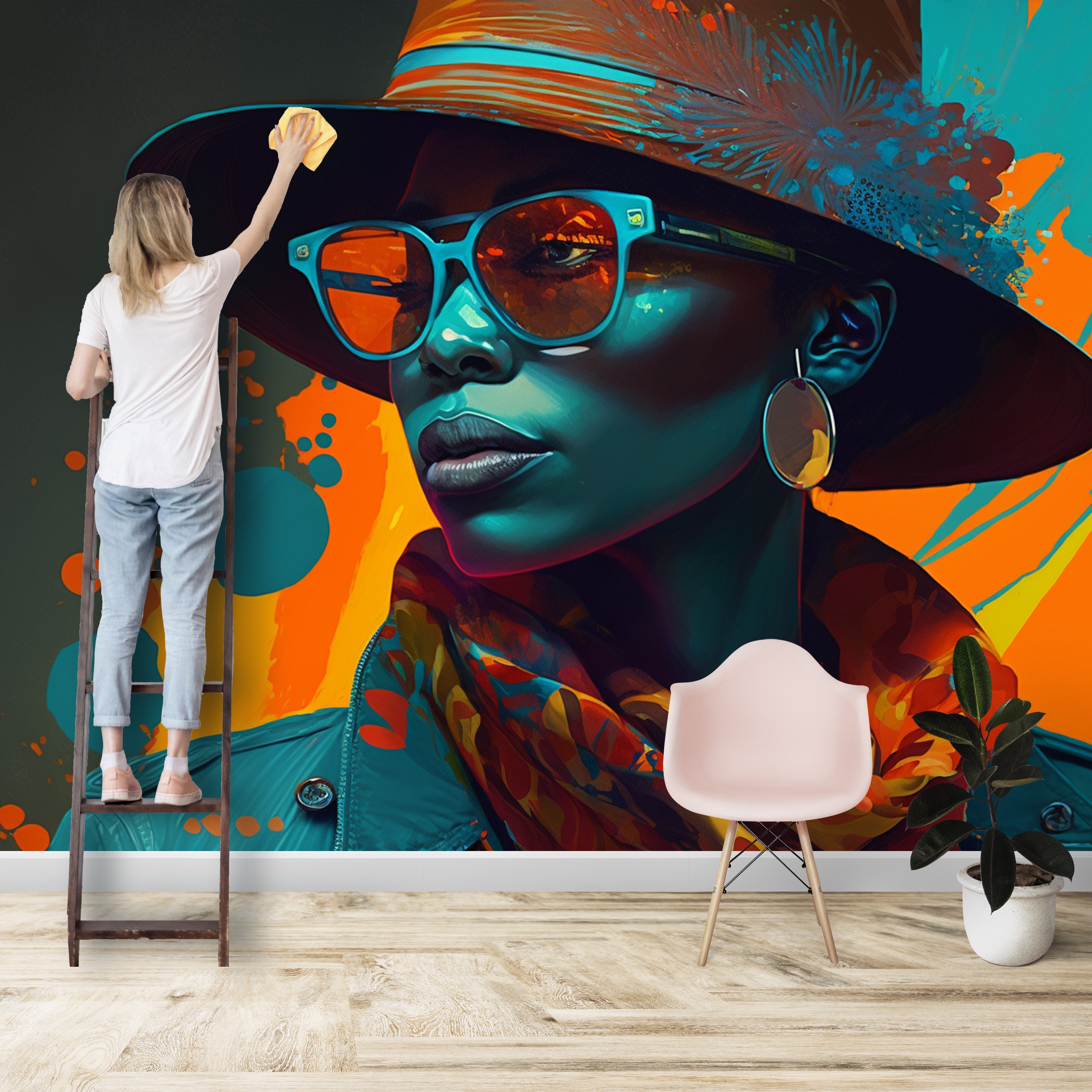 Black Woman Mural Wallpaper, Colorful Glasses Woman Wall Art Salon ...