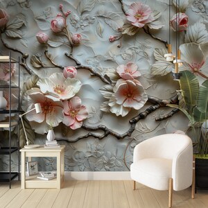 3D Embossed Pink Flowers Wallpaper, White Flowers 3D Relief Wallpaper ...