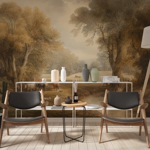 Rustic Rural Painting Wall Mural, Nature Watercolor Landscape Wallpaper ...