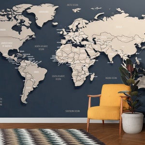 Navy Blue World Map Wallpaper for Home & Office Wall, Countries and ...
